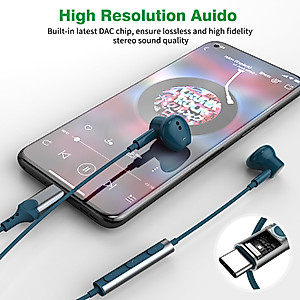USB C Headphones Magnetic USB-C Wired Earbuds HiFi Stereo Type C Earphones Microphone Volume Control for iPhone 16 Pro 15 Plus iPad 10,Samsung Galaxy,Google Pixel,Motorola Edge/Razr,Oneplus,Lake-Blue