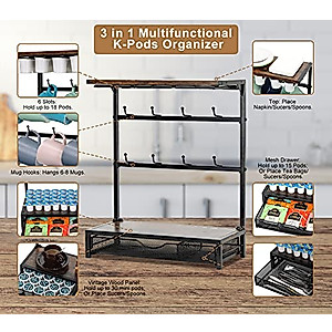 TQVAI Coffee Pods Drawer with Mug Hooks, 50 Capacity Coffee Pod Holder, Coffee Station Organizer for K Cups, Tea Bags, Espresso Capsule Coffee Creamer, Black/Archaize