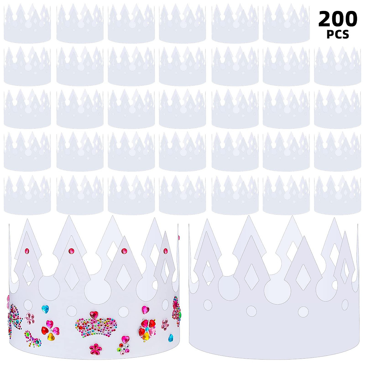 200 Pcs White Paper Crowns DIY Birthday Party Crowns for Kids, Birthday Party Hats Decorations Baby Shower Party Supplies (Classic Style)