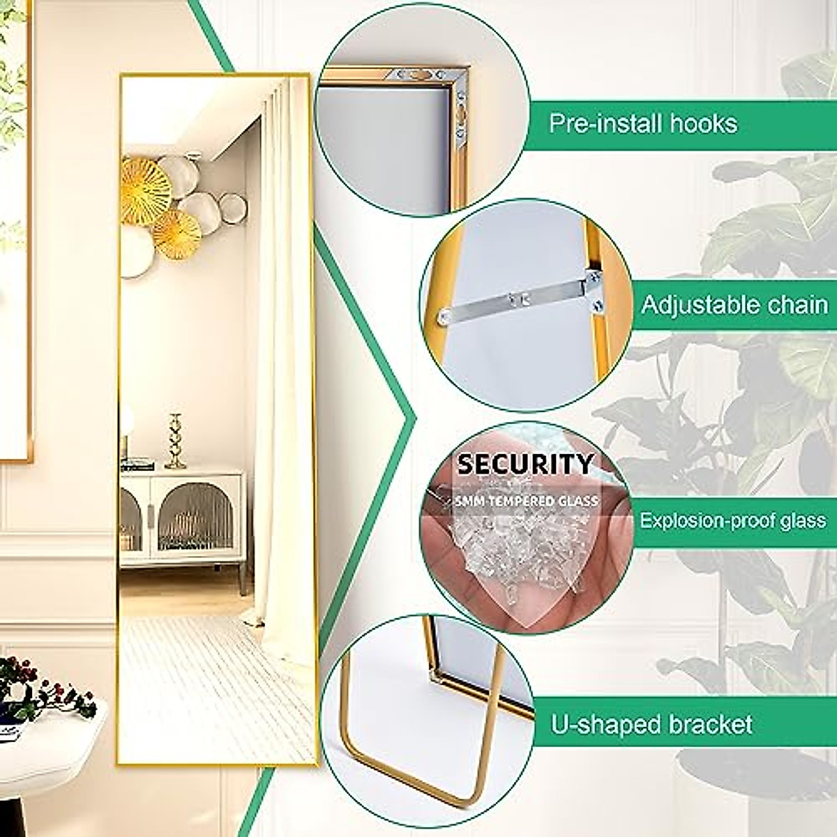 Kacalujia Gold Full Length Mirror 59’’x16’’ of Tempered Mirror with Aluminum Frame, Standing Hanging or Leaning Against Wall for Bedroom, Living Room, Modern Floor Mirror for Home Decoration