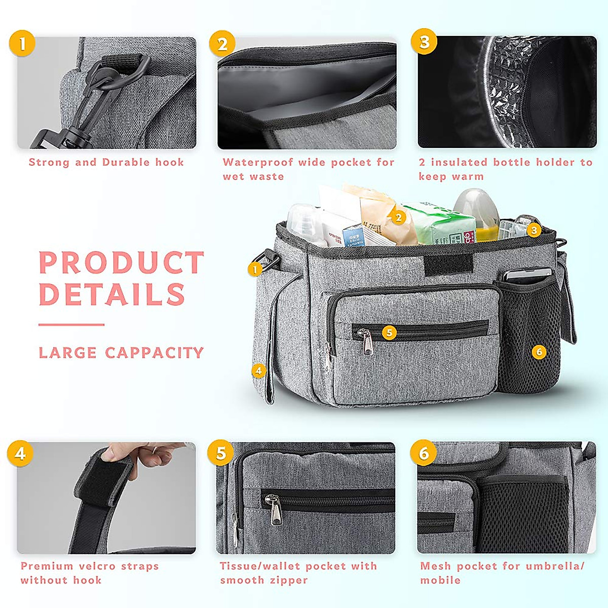 Baby Stroller Organizer with Non Slip Straps - Stroller Organizer Bag with Big Capacity, Waterproof Pocket and Insulated Cup Holders by LENTA MALL