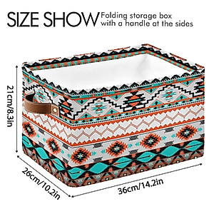 Ethnic Aztec Print Storage Basket Native American Storage Bin Collapsible Retro Tribal Navajo Large Storage Baskets with Leather Handles Storage Cube Box Organizer for Closet Toys Clothes Basket,1PC