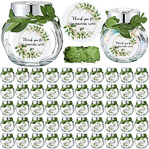 Skybooly 50 Pcs 1.5 oz Mini Glass Jars Small Candy Jars with Lids Green Leaf Ribbon and Labels Tiny Mason Jars Candy Containers for Wedding Party Favor Bridal Shower Gift Spice Honey Sugar Herb