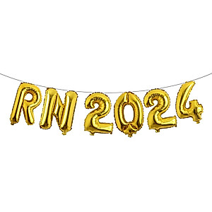 RN 2024 Balloons Banner Multicolor 16 Inch Foil Letter Nurse Balloons Graduation Decorations 2023 Congrats Nurse Balloons for Nursing Graduation Party Supplies (RN 2024 Gold)