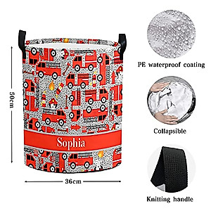 Firetruck Firefighters Large Storage Basket Personalized Laundry Hamper with Name Bathroom Home Decor Collapsible Round Storage Bin Boxes Clothing for Gift