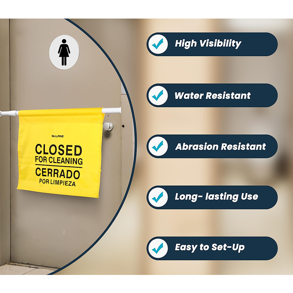 Alpine Restroom Closed for Cleaning Sign, Commercial Door Barricade Sign, English & Spanish Bathroom Sign, Yellow Safety Hanging Sign for Cleaning In Progress Restroom