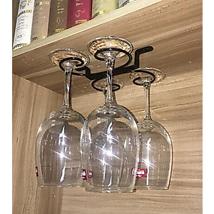Yunisu Metal Iron Under Cabinet Rack Suspended Hanging Ceiling Wine Glass Rack Stemware Holder Holds Up to 4 Glasses Vintage Style Stainless Steel Wall Wine Holder Stand (Black, One Size)