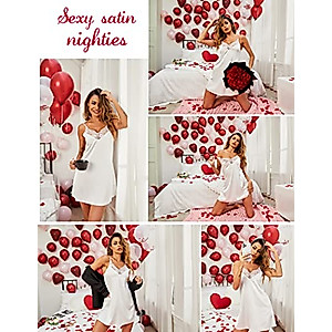 Ekouaer Plus Size Lingerie Women's Sexy Sleepwear Satin Lace Nightgown Silk Chemise Slip White XX-Large