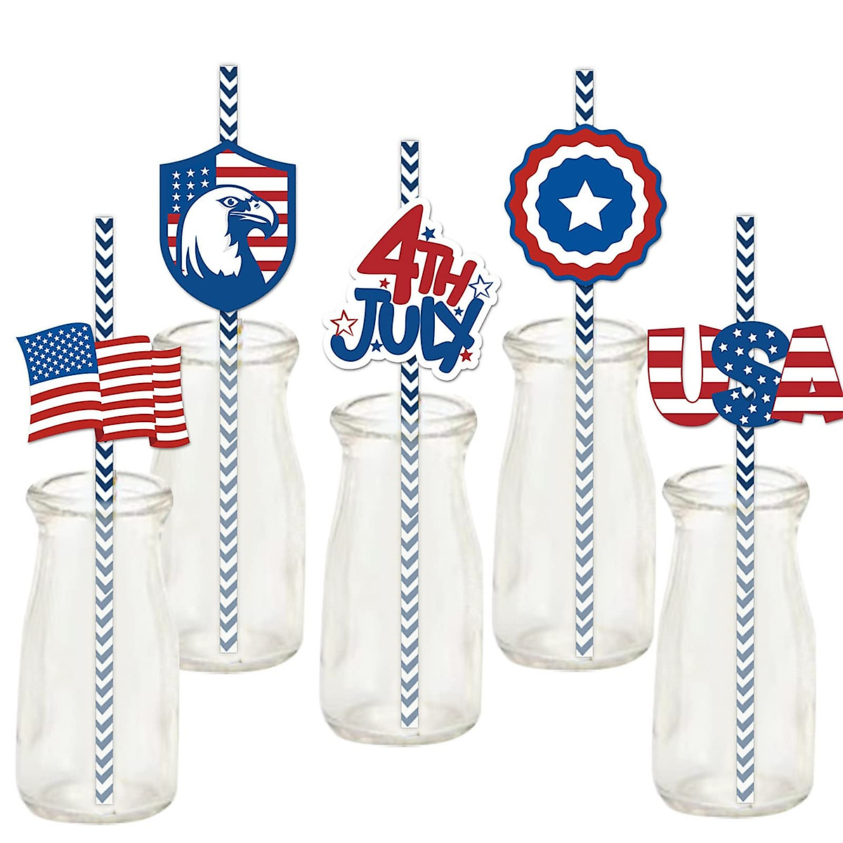 Babale 24pcs/set 4th of July Disposable Straws Patriotic Memorial Striped Paper Straw Decorations for Independence Day Party Favor Supplies