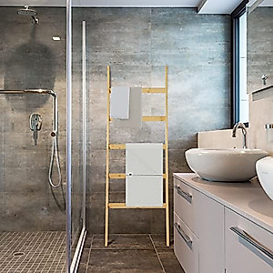 Haorui Bamboo Blanket Ladder 5-Tier Towel Ladder Shelf Towel Racks for Bathroom Wall Leaning Blanket Ladders for Living Room, Bedroom