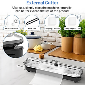 Housiwill Vacuum Sealer, Automatic Food Vacuum Sealer, Vacuum Sealer for Food with 6 Mode, for Dry/Moist Mode and Food Storage, Vacuum Food Saver, Starter Kit with 15 Seal Bags & Air Suction Hose