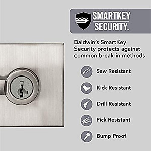 Baldwin Spyglass , Entry Door Handle Reversible Lever with Keyed Lock Featuring SmartKey Re-key Technology and Microban Protection, in Satin Nickel