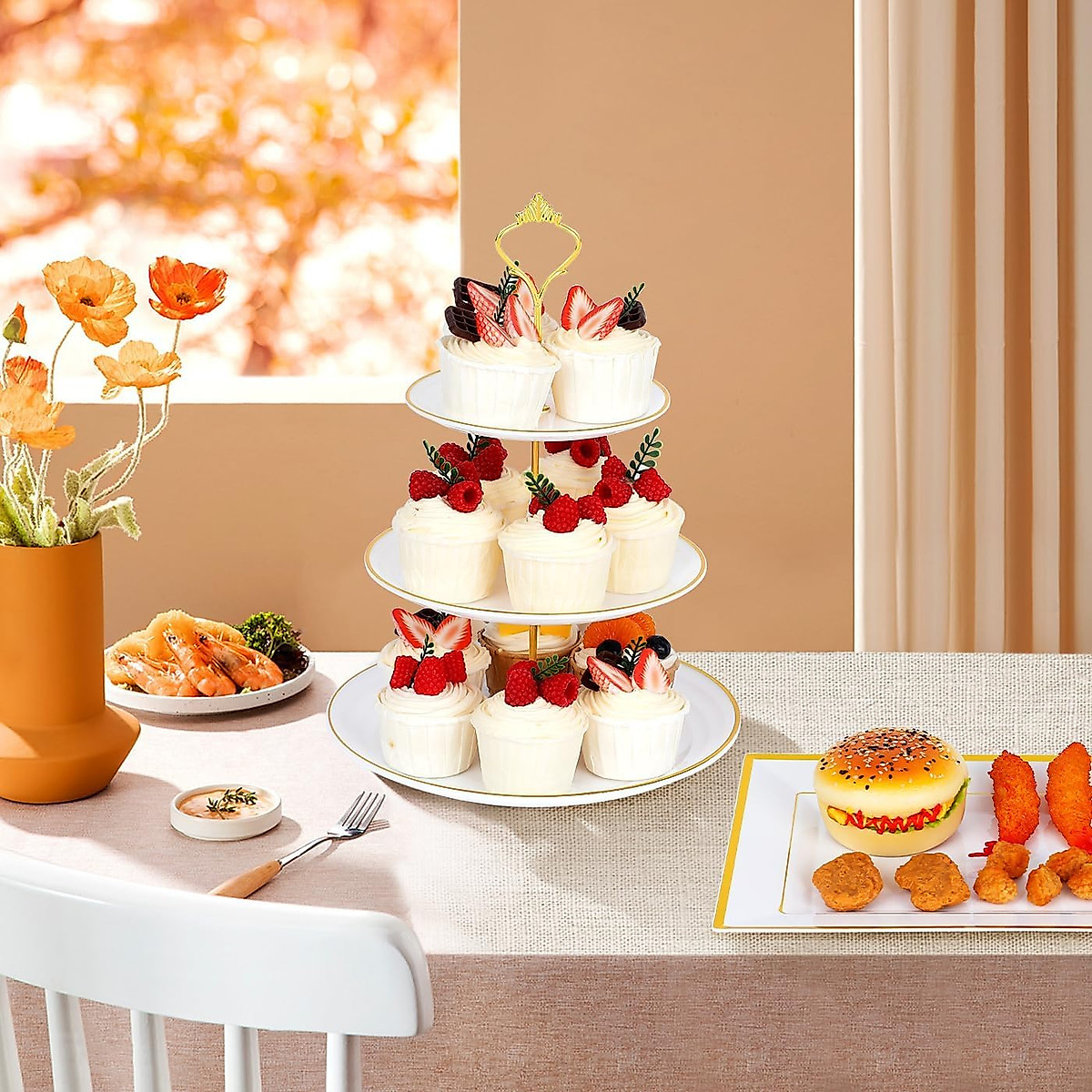 DI QIU REN 8PCS Cake Stand Set, Plastic Cupcake Stands with Gold Rim, Dessert Display Stands Set for Wedding Birthday Party Baby ShowerTea Party