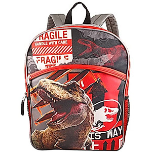 Jurassic T-Rex World Backpack for Boys Girls Kids - 6 Pc Bundle with 16 inches Jurassic Park School Backpack Bag, Water Pouch, Stickers, Dinosaur Toys, and More (Jurassic World School Supplies)