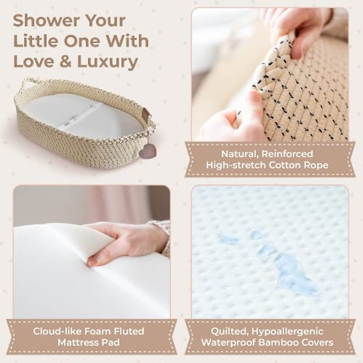 Kiddo Vibes Baby Changing Basket Set w/Comfy Fluted Pad, 3 Waterproof Bamboo Jacquard Covers & Large Matching Diaper Caddy, Reinforced Cotton Rope Moses Basket w/Built-in Safety Belt CPSC Compliant