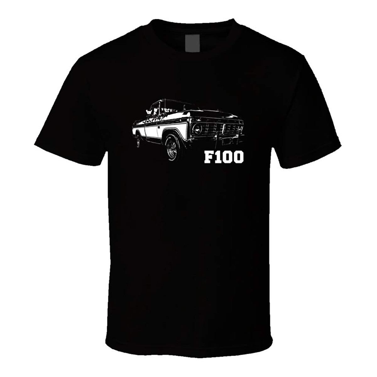 CarGeekTees 1975 F100 Pickup Truck Three Quarter View with Model Name Dark Color T Shirt XL Black