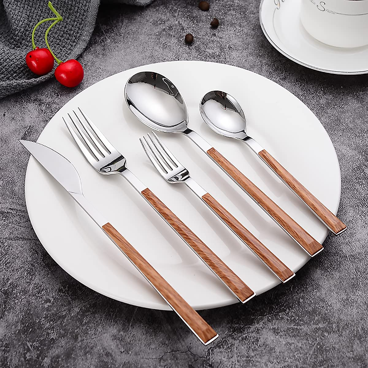 Wooden Silverware Flatware Set for 16,Modern 80 Pieces Stainless Steel Square Flatware Set, Mirror Polished Tableware Cutlery Set for Kitchen Wedding Restaurant Utensils Set with Faux Wooden Handle