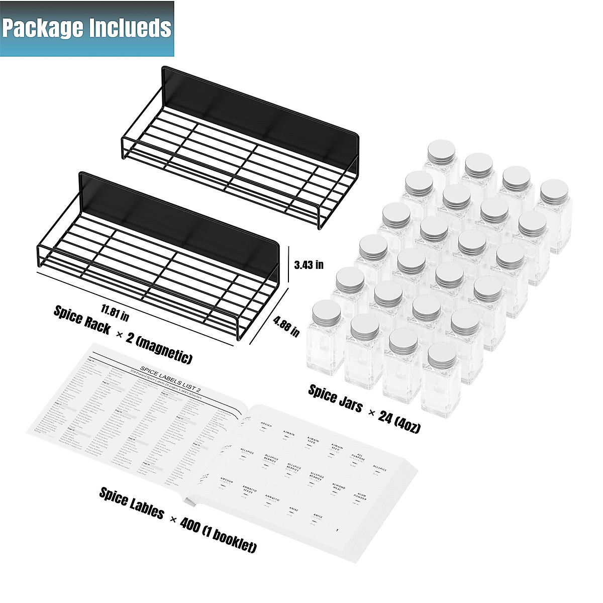 Neatsure 2 Pack Magnetic Spice Rack with 24 Spice Jars, 400 Spice Labels and Funnel, Alternative to Magnetic Spice Tins Containers, Refrigerator Fridge Shelf Organizer