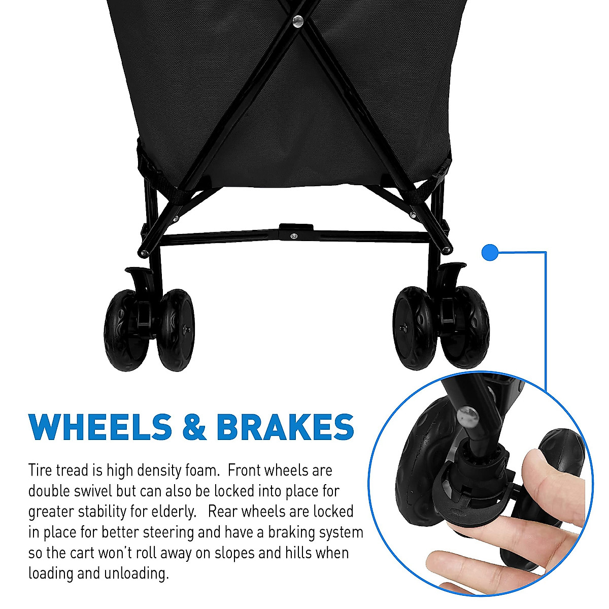 EasyGo Grocery Shopping Cart Laundry Basket Rolling Utility Cart with Wheels – Removable Canvas Bag, Versa Wheels & Rear Brakes - Easy Folding 120lb Capacity – Copyrighted, Black