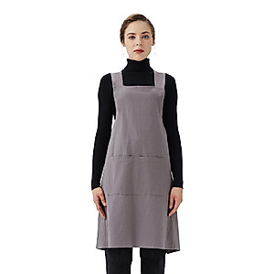 Surblue Cotton Linen Cross Back Aprons Solid Color Unisex Pinafore Vintage Apron Japanese Style with 2 Pockets for Kitchen Cooking Baking Painting Gardening Cleaning for Women Men, Grey