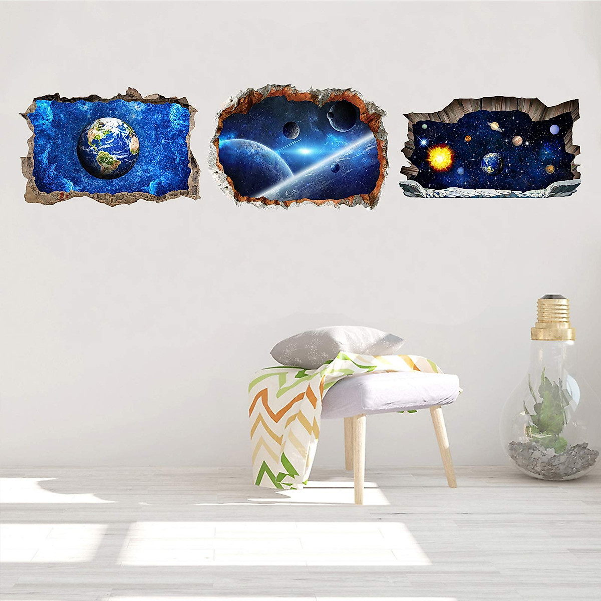 3 Pcs Universe Wall Stickers 3D Planet Galaxy Outer Space Nine Planet Window Decals Decorations Murals Wall Art Decorative Sticker for Kids Living Room Bedroom Nursery Playroom Party Decor Supplies