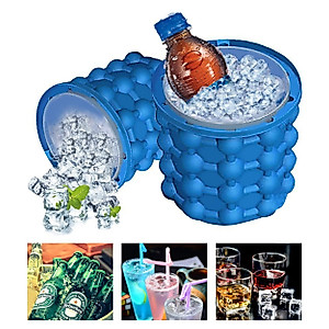 2 in 1 silicone ice bucket and ice mold with lid, silicon ice cube maker wizard, portable silicon ice cube maker (blue)