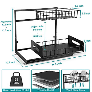 Coyeth Under Sink Organizer, Height Adjustable Metal 2-Tier Pull Out Cabinet Organizer Under Kitchen Sink Organizer, L Shaped Slide Out Sink Shelf, Under Cabinet Storage for Kitchen Bathroom