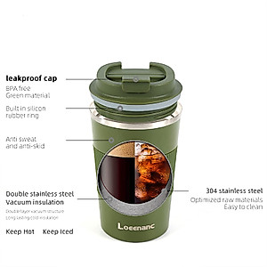 LOEENANC 12oz Travel Mug, Insulated Coffee Cup, Leak Proof, Anti-skid, Thermal Insulation For Over 8 Hours, Easy To Clean, Reusable Stainless Steel Double Deck Coffee Cup。