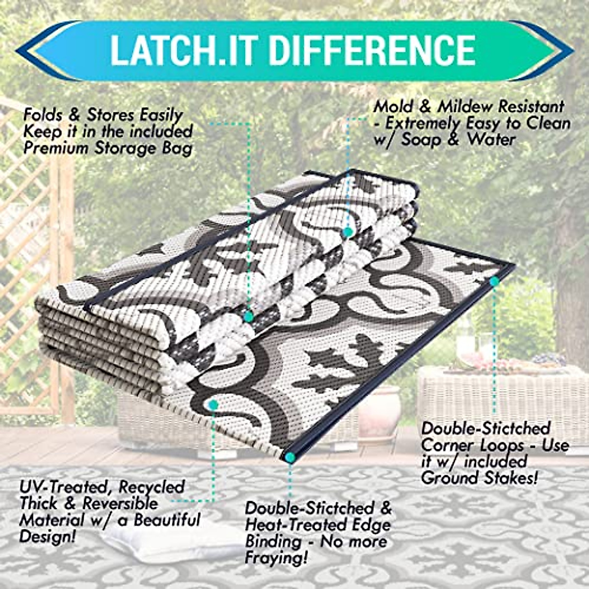 LATCH.IT RV Outdoor Rugs 9x12 | Reversible RV Outdoor Mat Camper Rugs | Camping Outdoor Rugs | The Perfect RV Patio Mat for Any Situation & Includes Portable Small Trash-Can!