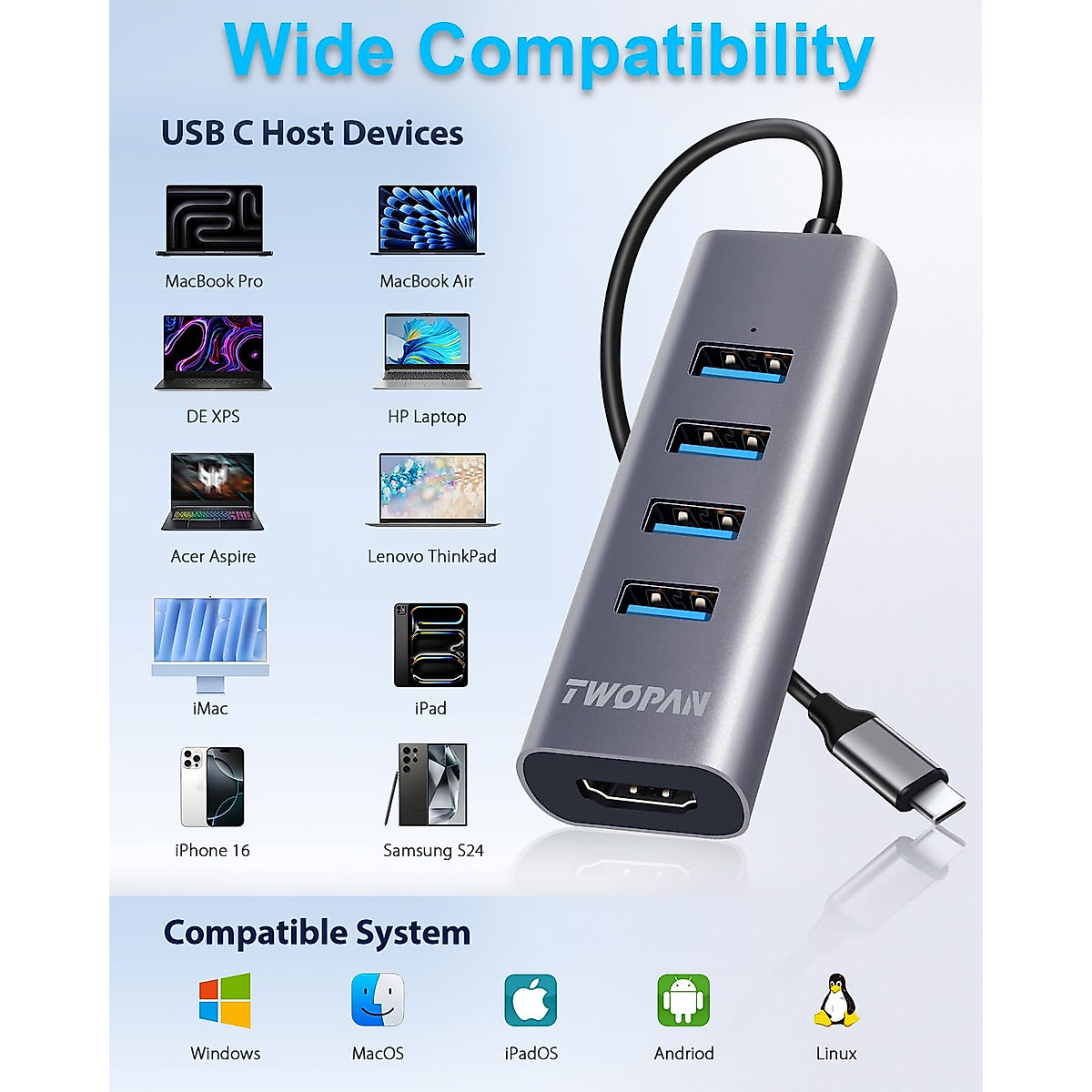 TWOPAN 5 in 1 USB C Hub with 4K HDMI, 4 USB 3.0 Ports, Multiport Adapter for Laptop, MacBook Pro/Air, iMac, iPad, Pixelbook, Thinkpad, XPS and USB-C Devices