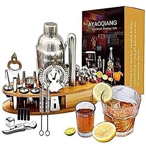 Cocktail Shaker Set with Stand, 24 Pcs 750mL Stainless Steel Cocktail Bartender Kit with Stand,Perfect Home Bartending Kit and Martini Cocktail Shaker Set for an Awesome Drink Mixing Experience