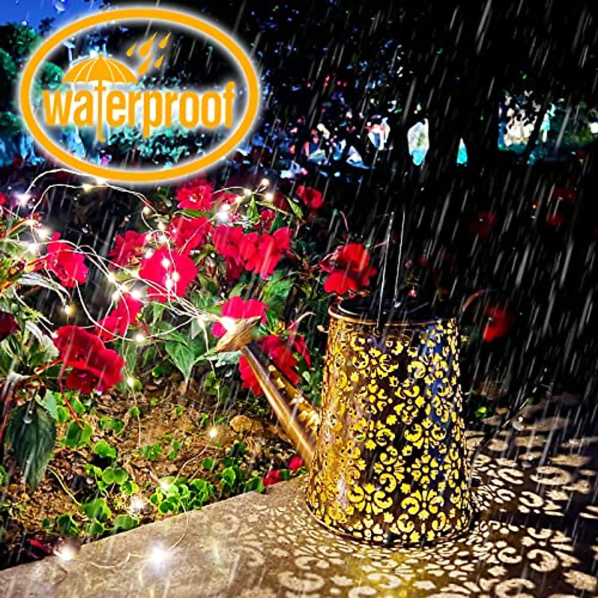 Solar Watering Can with Cascading Lights Waterproof Metal Enchanted Watering Can Solar Waterfall Lights for Outdoor Garden Decor Yard Decorations Pathway Lawn Romantic Atmosphere Lighting