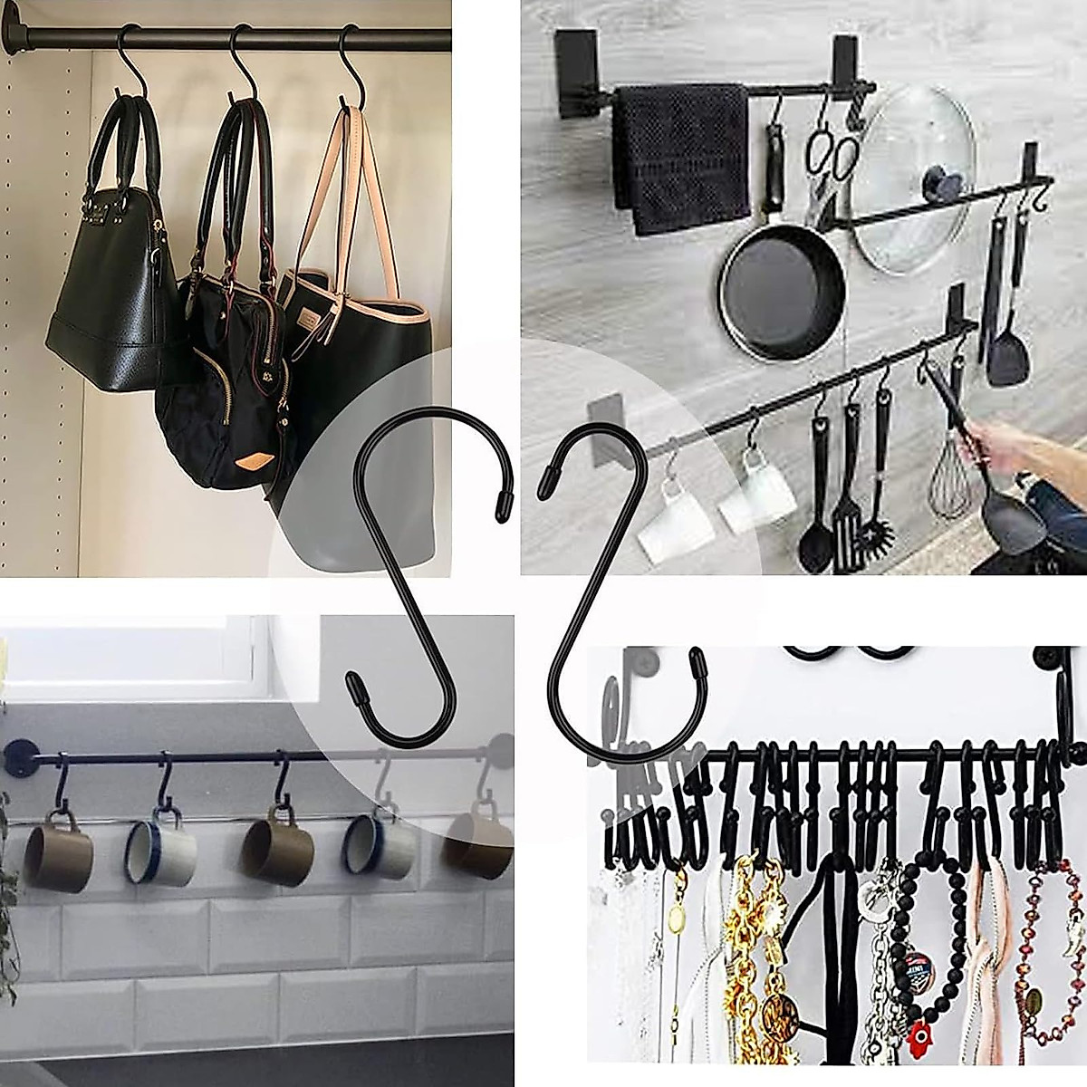 Nisoger 12 Pack 6 Inch S Hook, Large Vinyl Coated S Hooks with Stopper Non Slip Heavy Duty, Steel Metal Black Rubber Coated Closet S Hooks for Hanging Jeans Plants Jewelry Pot Pan Cups Towels