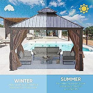 12' x 12' Hardtop Gazebo, Double Roof Permanent Patio Metal Gazebo Canopy with Netting and Shade Curtains, Drainage Ditch Design, Aluminum Pergola for Patio Backyard Deck and Lawns