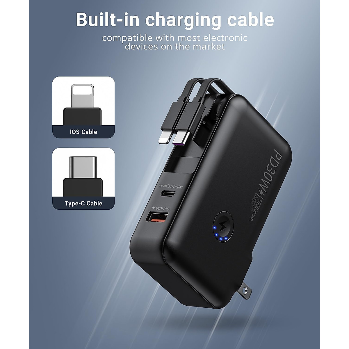 Portable Charger, Power Bank, 16000mAh Power Bank Built-in AC Wall Plug and Cables, PD 30W and QC4.0 Fast Charger for iPhone and Android Phones and Most Electronic Devices (Black)