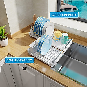 PETXPERT Dish Drying Rack, Expandable Dish Rack for Kitchen Counter with Utensil Holder, Stainless Steel Small Dish Drainer Organizer with Drainboard for Kitchen in Sink (Grey)