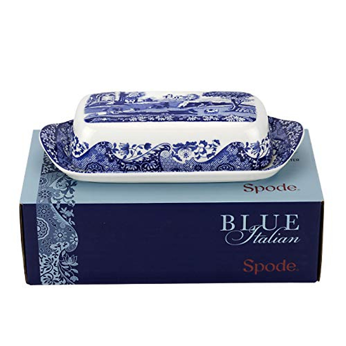 Spode Blue Italian Collection Butter Dish | Made of Porcelain | Butter Dish with Lid | Covered Butter Keeper for Kitchen | 8 Inches | Dishwasher Safe | Blue/White