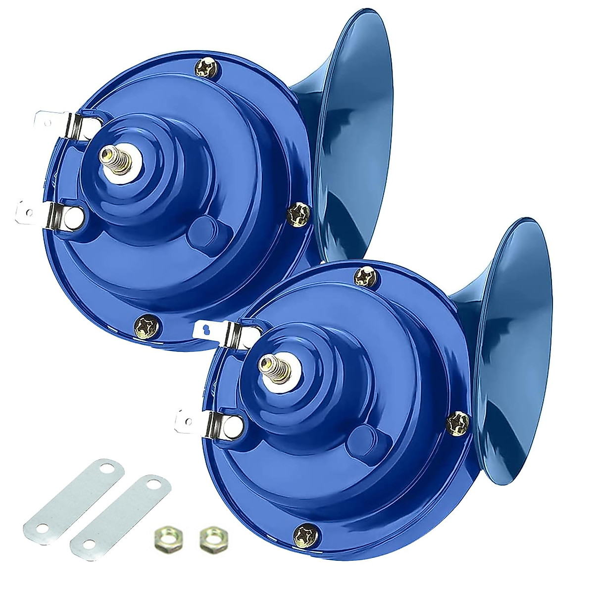GKmow Pack-2 300DB Super Loud Train Horn, 12V Security Alarm Waterproof Speaker, Car Air Electric Snail Double Horn Replacement Kit, Fits for Most Cars Motorcycle, Truck, Bike (Blue)