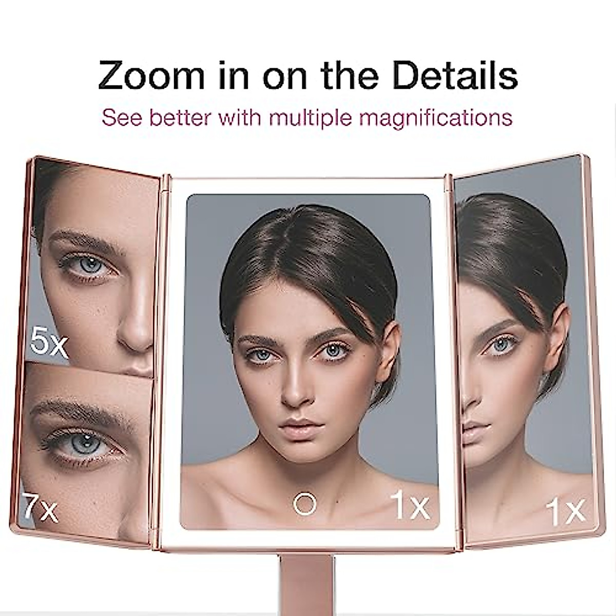 Fancii Makeup Mirror with Natural LED Lights, Lighted Trifold Vanity Mirror with 5X & 7X Magnifications - 40 Dimmable Lights, Touch Screen, Cosmetic Stand - Sora (Rose Gold)