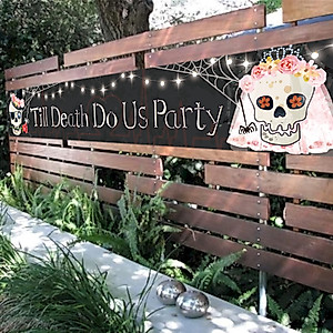 MELTELOT Large Halloween Till Death Do Us Part Banner,Skull Mr and Mrs Anniversary Valentines Birthday Party Decorations,Spooky Engagement Wedding Bridal Shower Lawn Sign Yard Sign Banner Backdrop