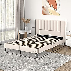 Flolinda Bed Frame Queen Size, Upholstered Bed Frame Queen Size with Tufted Velvet Headboard, Mattress Foundation, Strong Wood Slat Support Double Modern Bed Frame, No Box Spring Needed, Easy Assembly