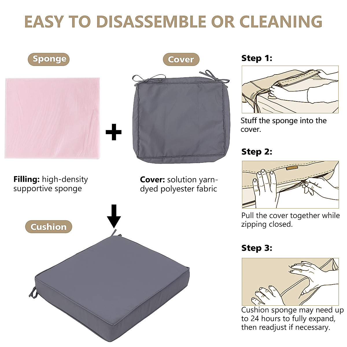 RACE LEAF Patio Seat Cushions 16"x18.5"x3" Square Corner - Set of 2, Grey - Indoor/Outdoor Chair Cushions with Invisible Zipper, Water-Resistant Chair Seat Cushion with Ties for Non-Slip Support