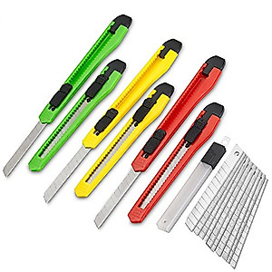 Fixson Utility Knife 9-MM Box Cutter (6 PACK) Retractable Razor Blades Knifes with Snap Off Blades and Slide Locks, Great Packaging Tools & Hobby Knife (10 REPLACEMENT BLADES INCLUDED)