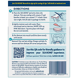 Sea Bond Secure Denture Adhesive Seals, Original Uppers, Zinc Free, All Day Hold, Mess Free, 30 Count