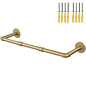 Ihomepark Industrial Gold Pipe Clothing Rack, Wall Ceiling Mounted Clothes Garment Rack 30'', Iron Golden Pipe Clothes Hanging Bar, Heavy Duty Metal Rod for Retail Display Closet Storage