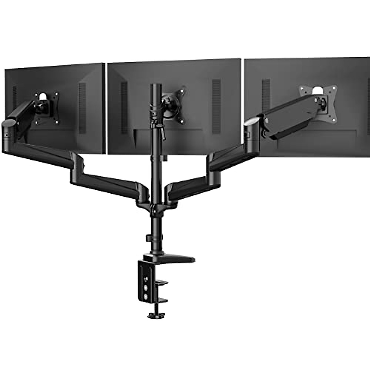 HUANUO Triple Monitor Stand - 3 Monitor Mount with Gas Spring Monitor Arm Fit Three 17 to 32 inch Flat/Curved LCD Computer Screens with Clamp, Grommet Kit, Black