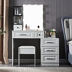 31.5'' Wide Vanity Table Set with Stool and Mirror, Makeup Vanity Desk with Lights, Dresser with Drawers for Bedroom, White