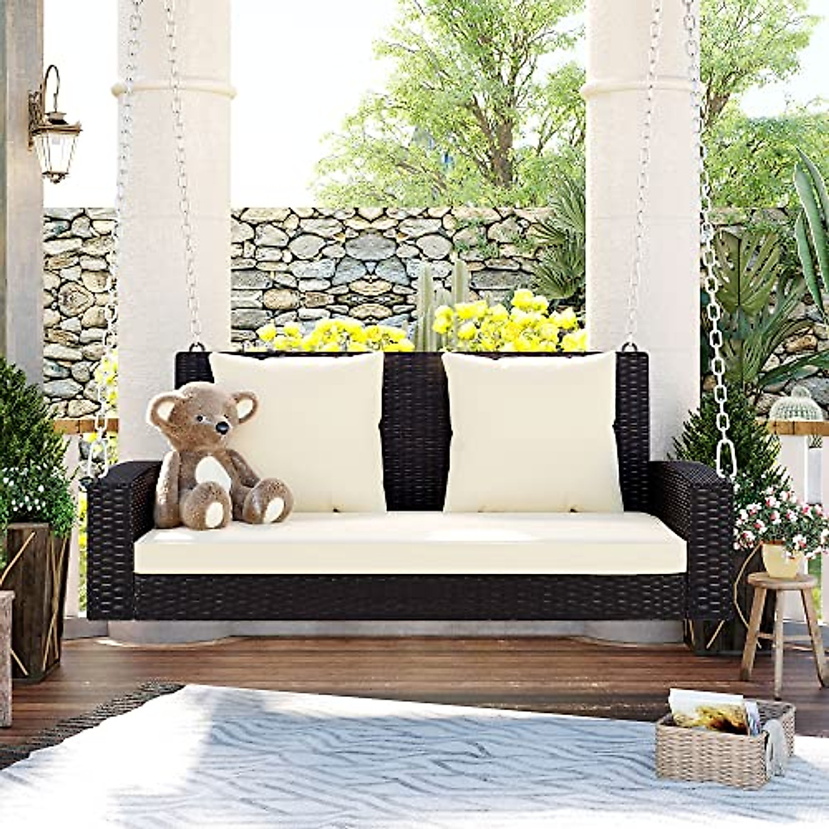 FANYE Outdoor PE Wicker Swing Chains, Pillows for Garden, Backyard, Pond Porch Furniture Set, 2 Seaters Double Rattan Cushioned Conversation Hanging Sofa & Couch, Brown+Beige