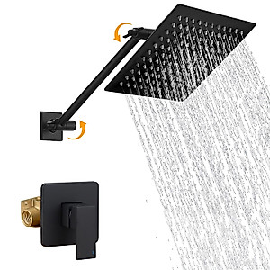 Hoimpro Adjustable Extension Shower Arm Shower System with 8 Inch Rain Shower Head Wall Mounted Shower Kit, Bathroom Rainfall Shower Faucet Fixture Combo Set with Rough-in Valve Body, Matte Black