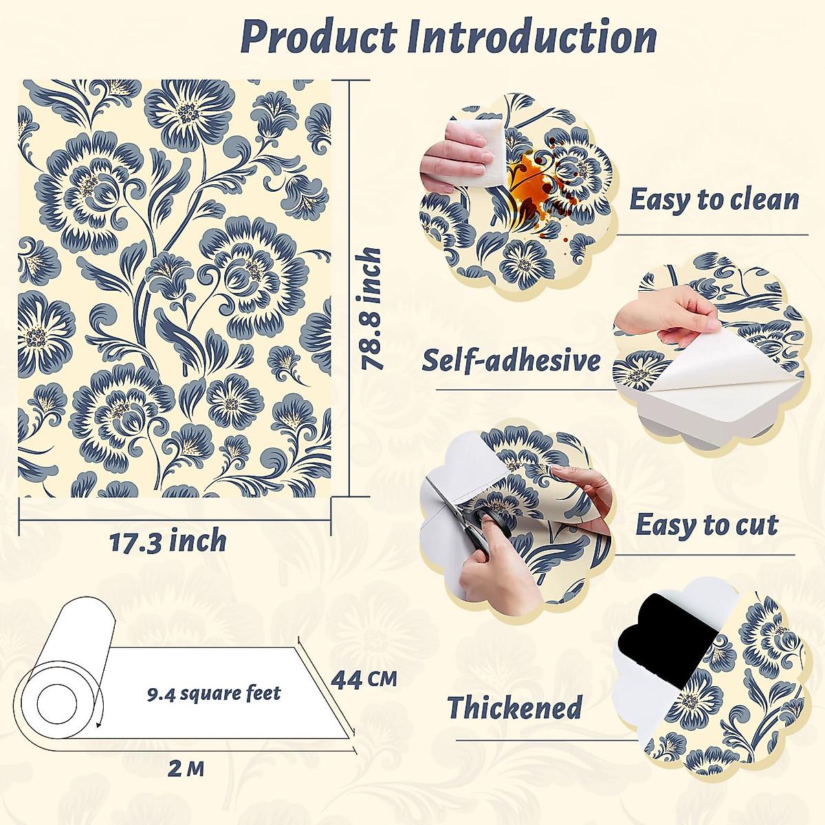 Blue Floral Wallpaper Peel and Stick Wallpaper Floral Contact Paper for Cabinets 17.3”×78.8” Wallpaper Self Adhesive Removable Wallpaper for Bathroom Sticker Pull and Stick on Wallpaper Vinyl Film